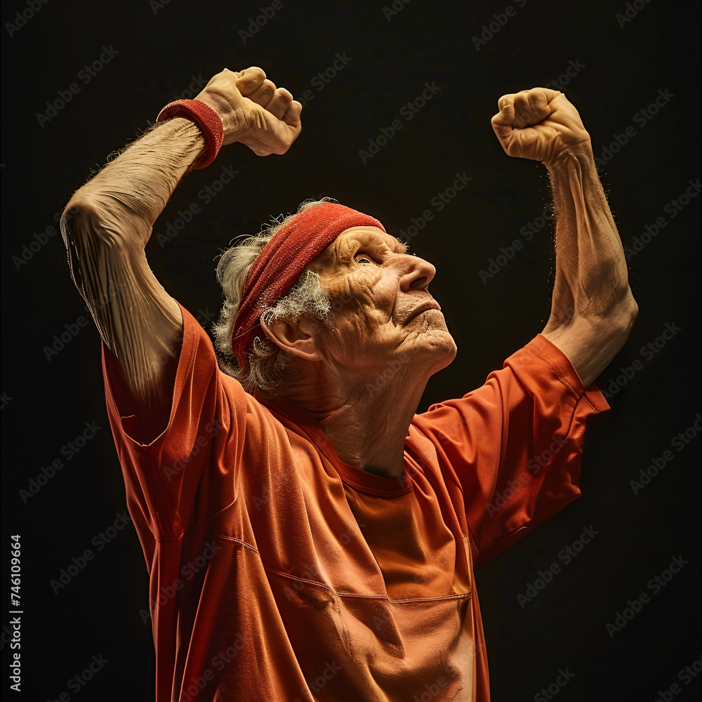 Corredor de avanzada edad con camiseta roja de deporta y cinta roja en ...