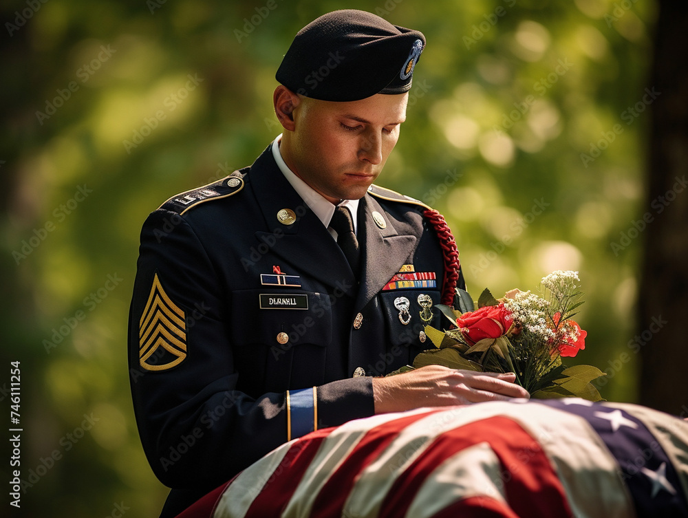 A somber burial ceremony paying tribute to a fallen soldier, surrounded ...