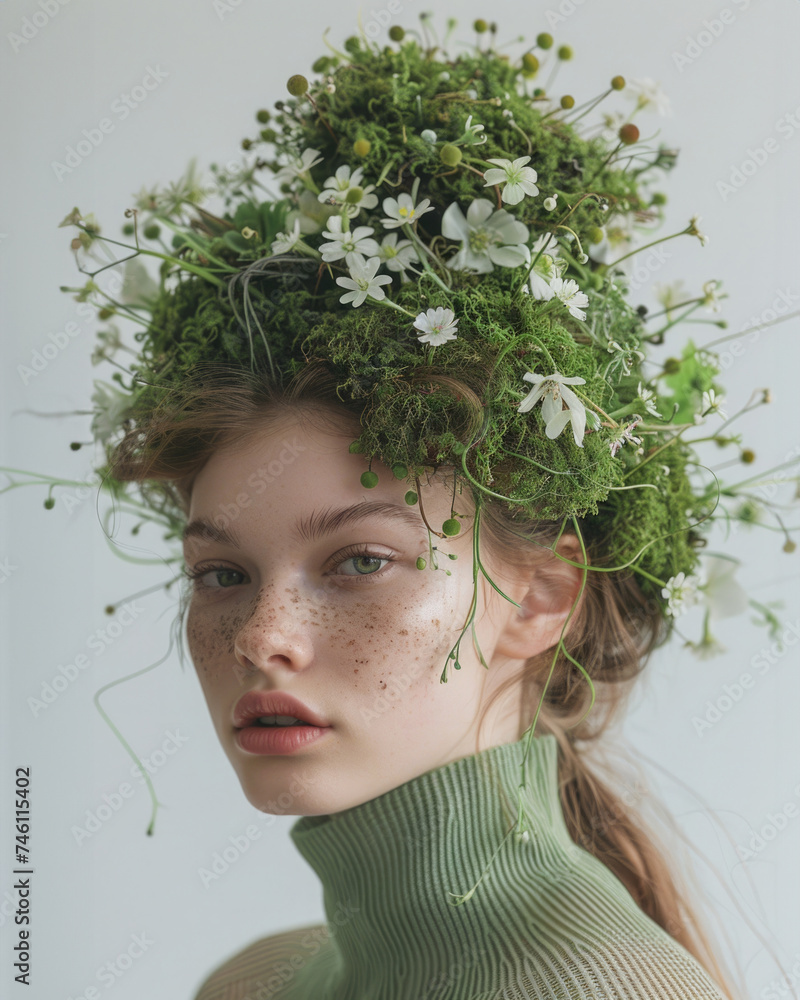 Ecological look. Portrait of a beautiful model decorated with living ...
