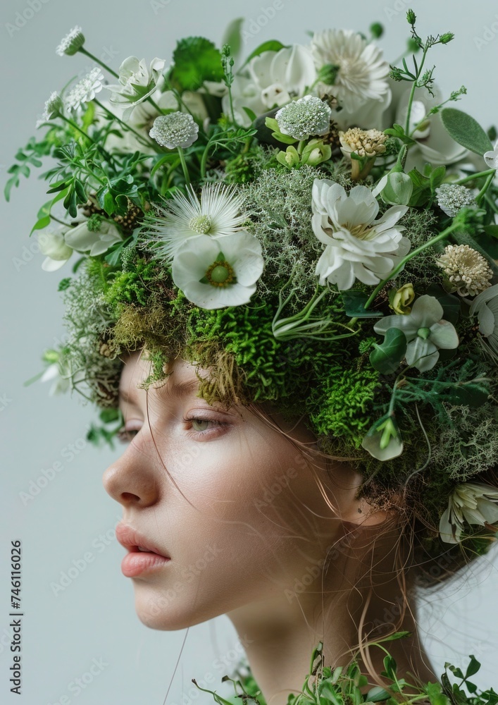 Ecological look. Portrait of a beautiful model decorated with living ...