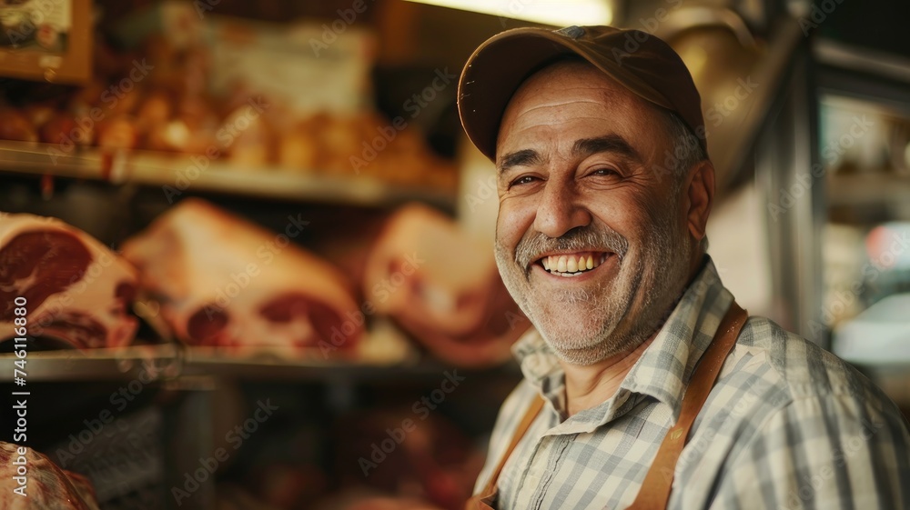 a butcher shop with a close-up photo of a middle-aged male butcher of ...