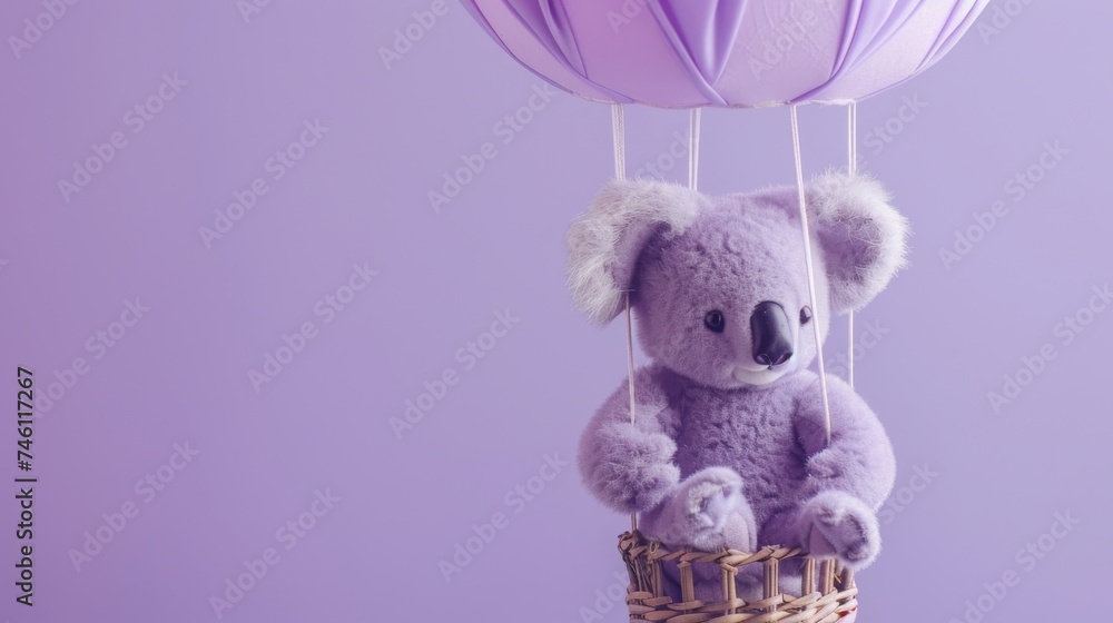 A plush purple koala in a wicker basket carried by a giant lavender ...
