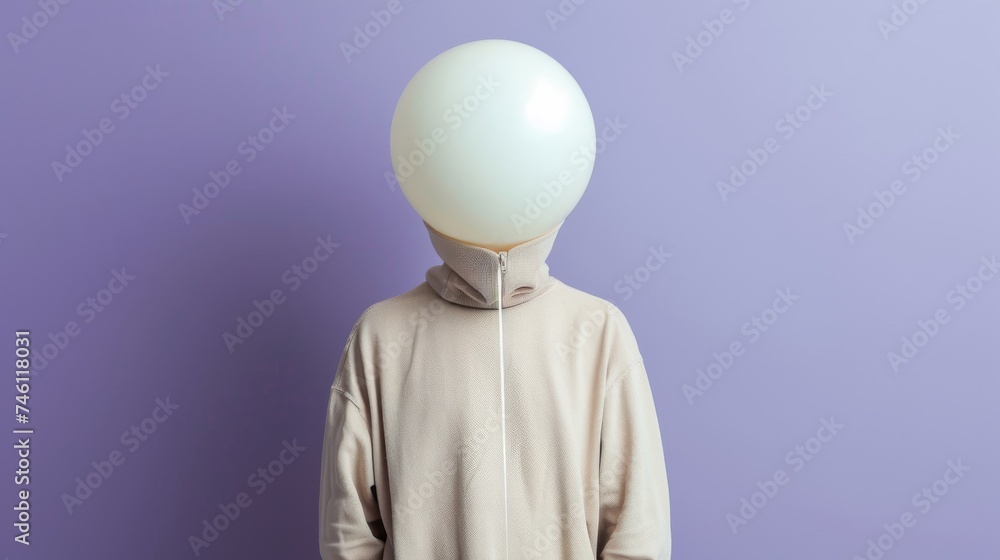 An artistic representation with a balloon obscuring the person's head ...