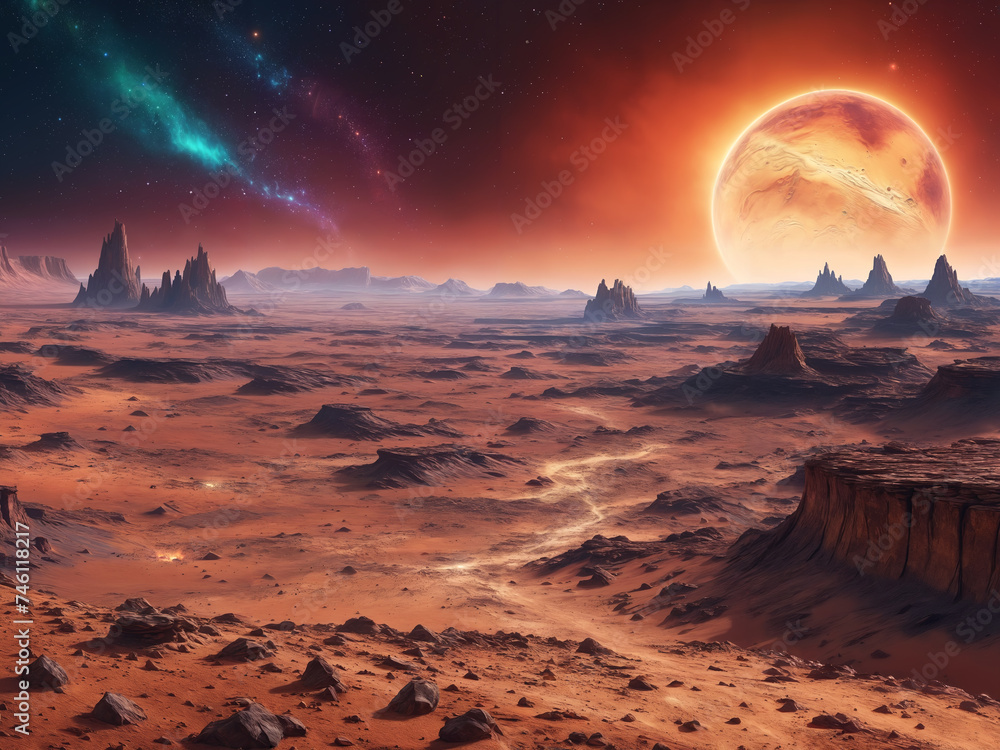 Surreal beauty of an alien planet under a starry night sky with a full ...