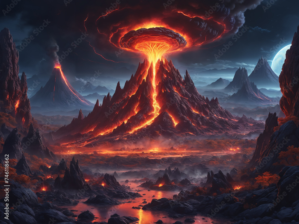 Immersive fantasy landscape: the magnificent volcanic eruption amidst a ...