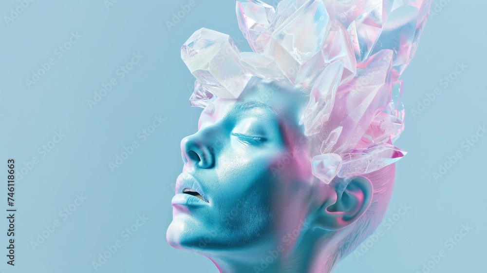 A surreal image showing a human profile fused with transparent crystals ...