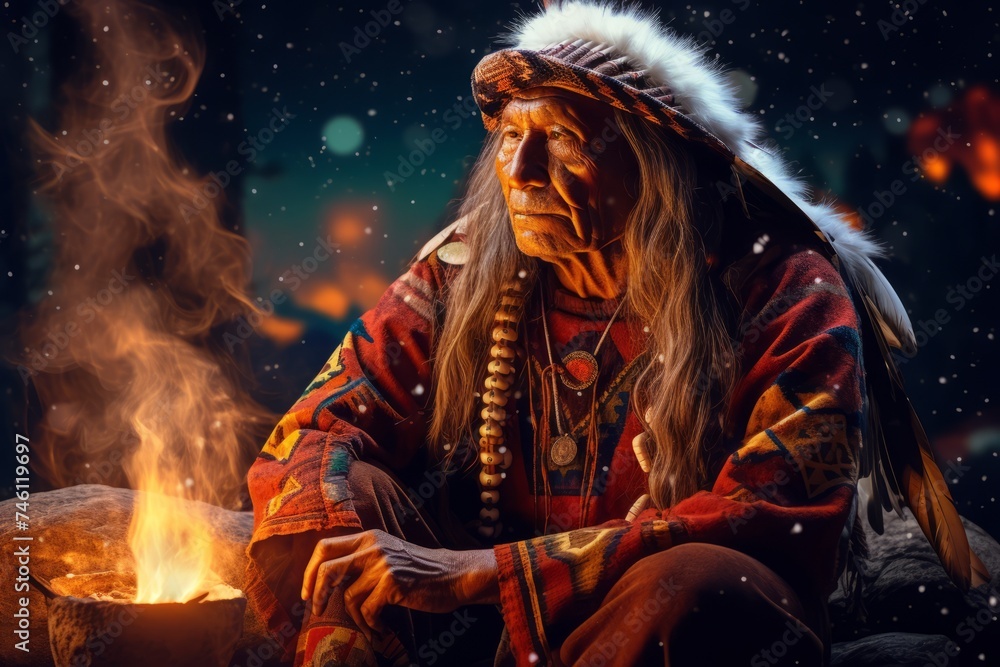 Indigenous elder in traditional attire performing a ritual by fire at ...