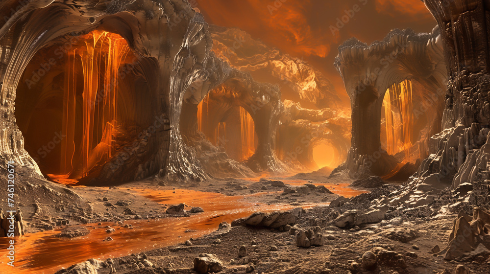 3D rendering of a cavernous hell with rivers of lava jagged rock ...