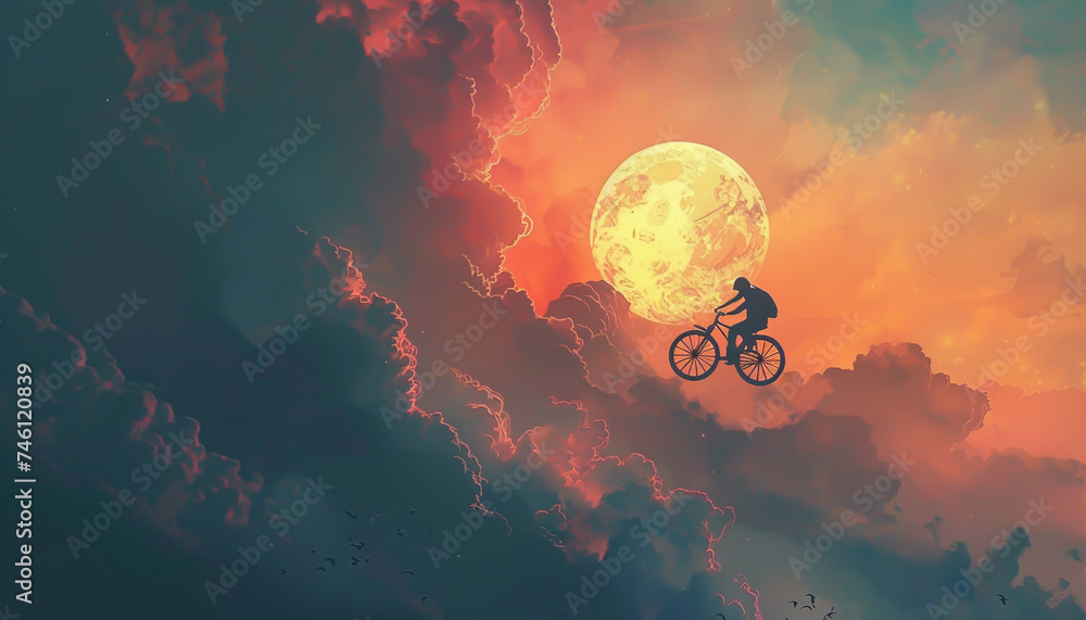 A whimsical illustration of a flying bicycle on an adventure around the ...