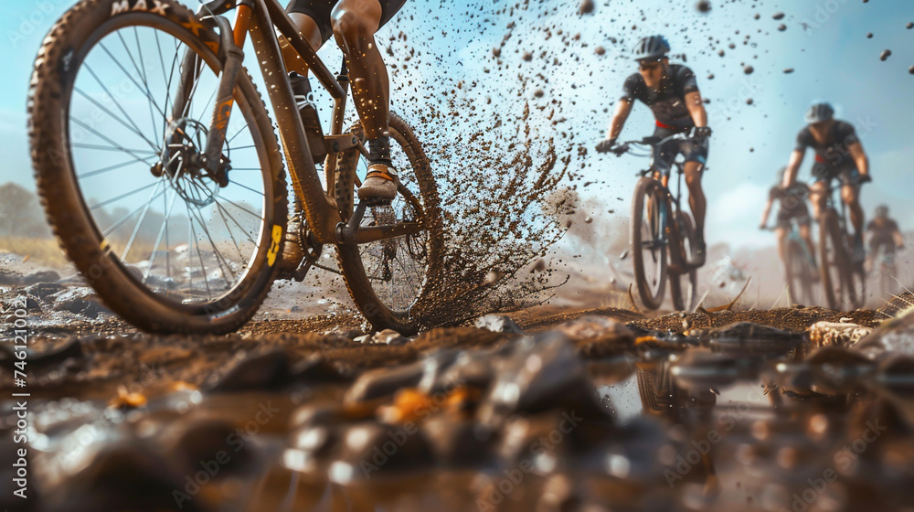 Dynamic 3D scene of a mountain bike race rugged terrain realistic ...