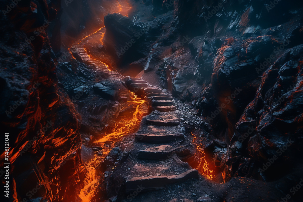 Narrow path winding through a dark fiery chasm sinister shadows cast by ...
