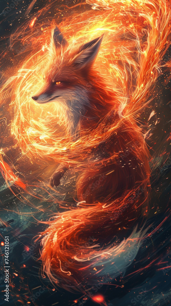 Stylized digital art of a 9 tailed fox casting magical spells with ...