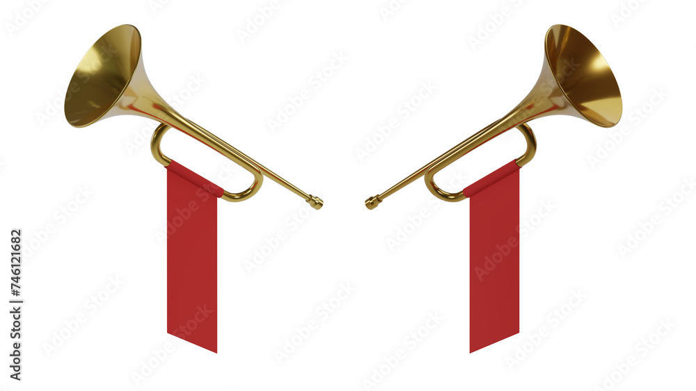 Two golden fanfare with red flags isolated on transparent and white ...