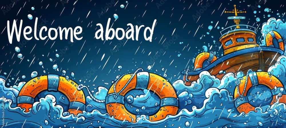 Cartoon style lifebuoy with ropes and welcome aboard text, isolated ...