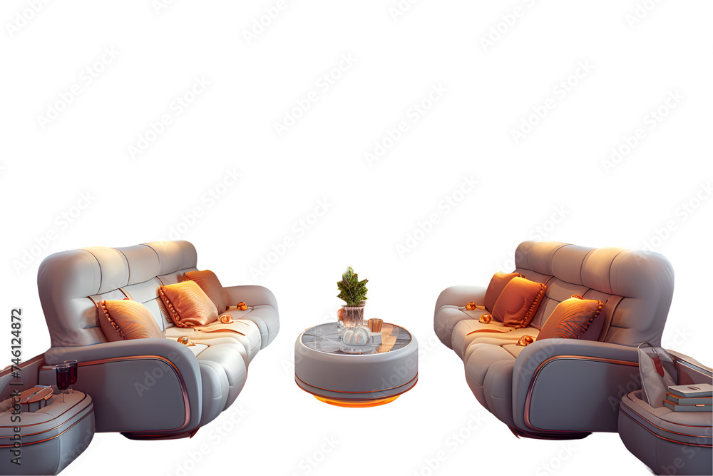 A 3D animated cartoon render of a luxurious private jet interior with ...
