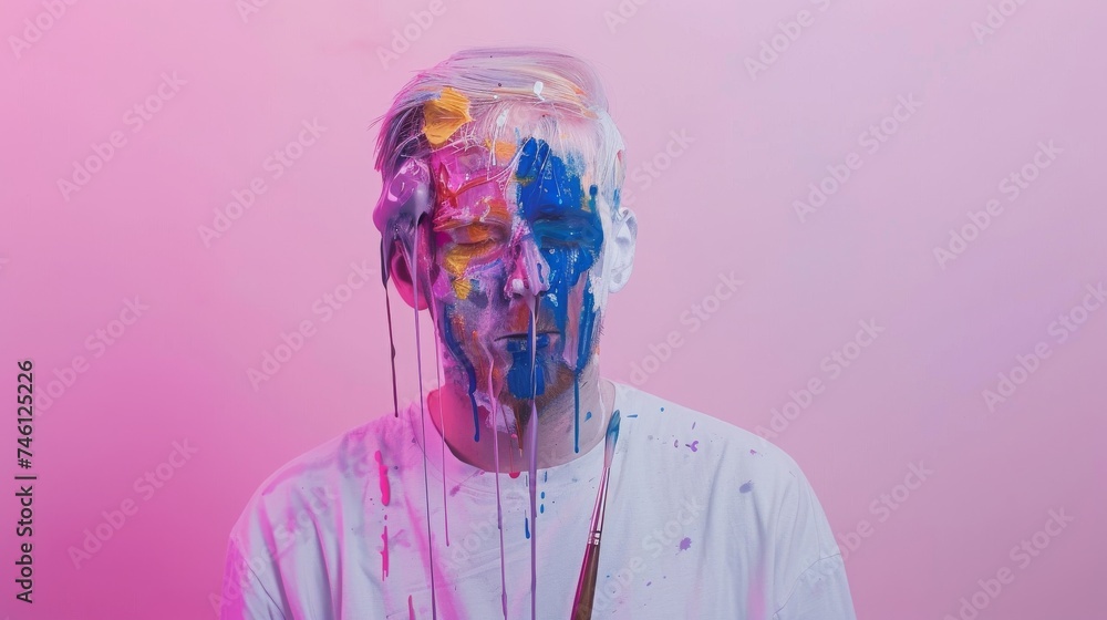 Dynamic image of a person splattered with vivid paint colors, with face ...