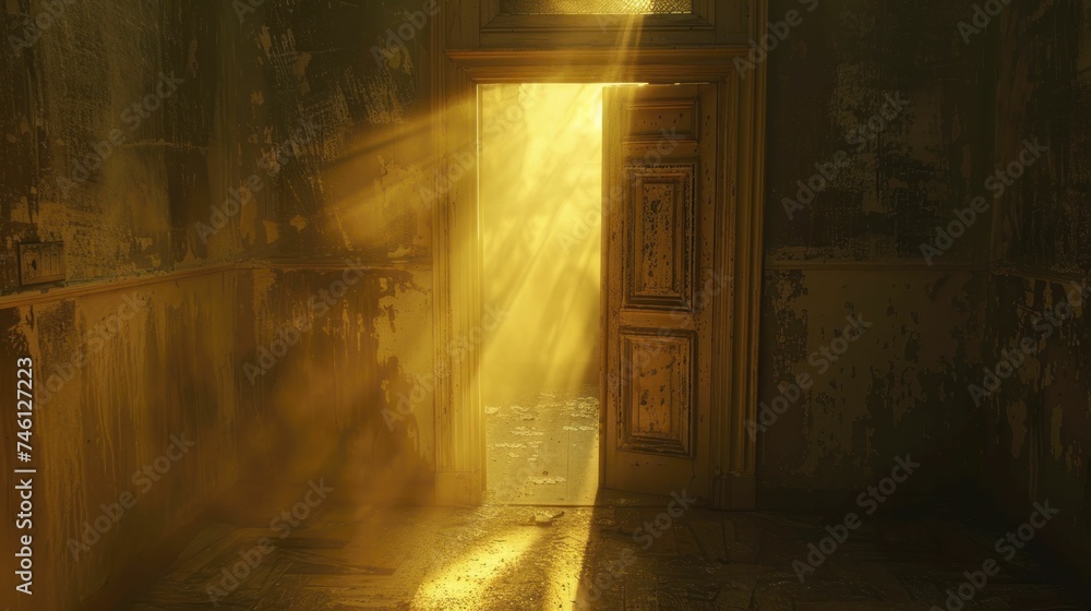 An old door creaks open to reveal a room bathed in golden light, a ...