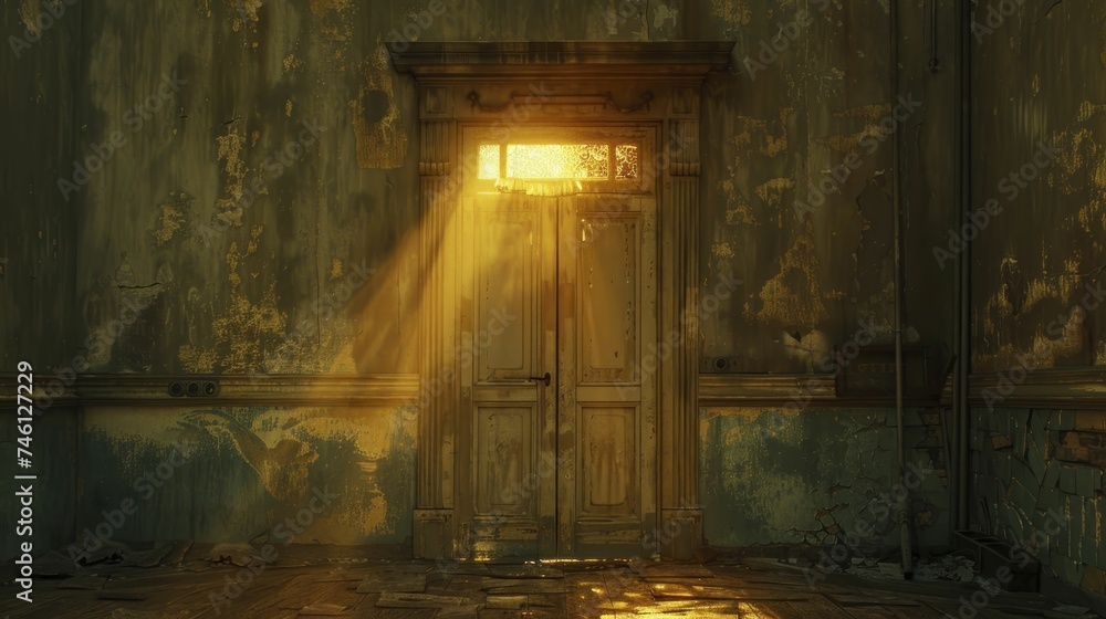 An ancient door creaks, unveiling a golden-lit room, a secret refuge ...