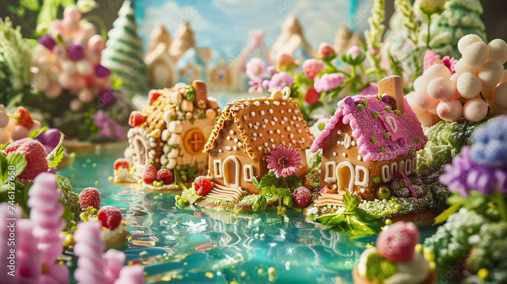 Nice and cute caramel fantasy and dream village. Yogurt lakes ...