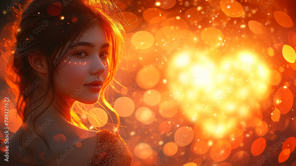 Golden Shades: Asian Woman in a Luxury Setting with Glitter Background ...