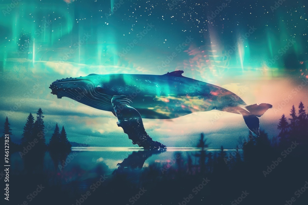A majestic humpback whale superimposed with the ethereal glow of the ...