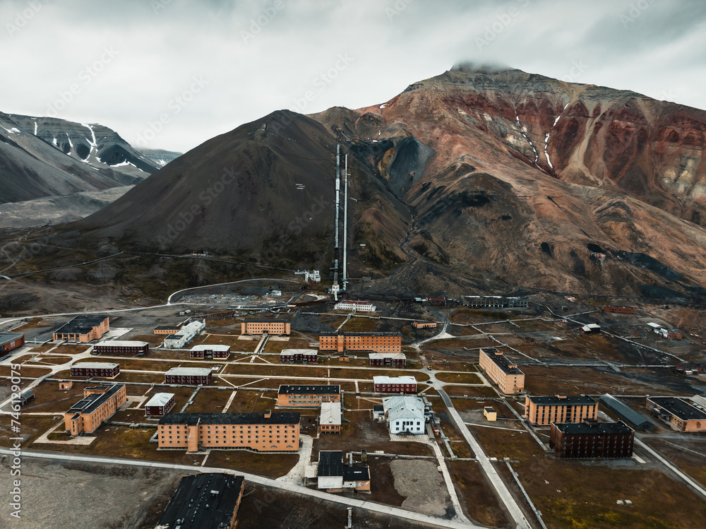 drone shot of Pyramiden, which is an abandoned Soviet coal mining ...