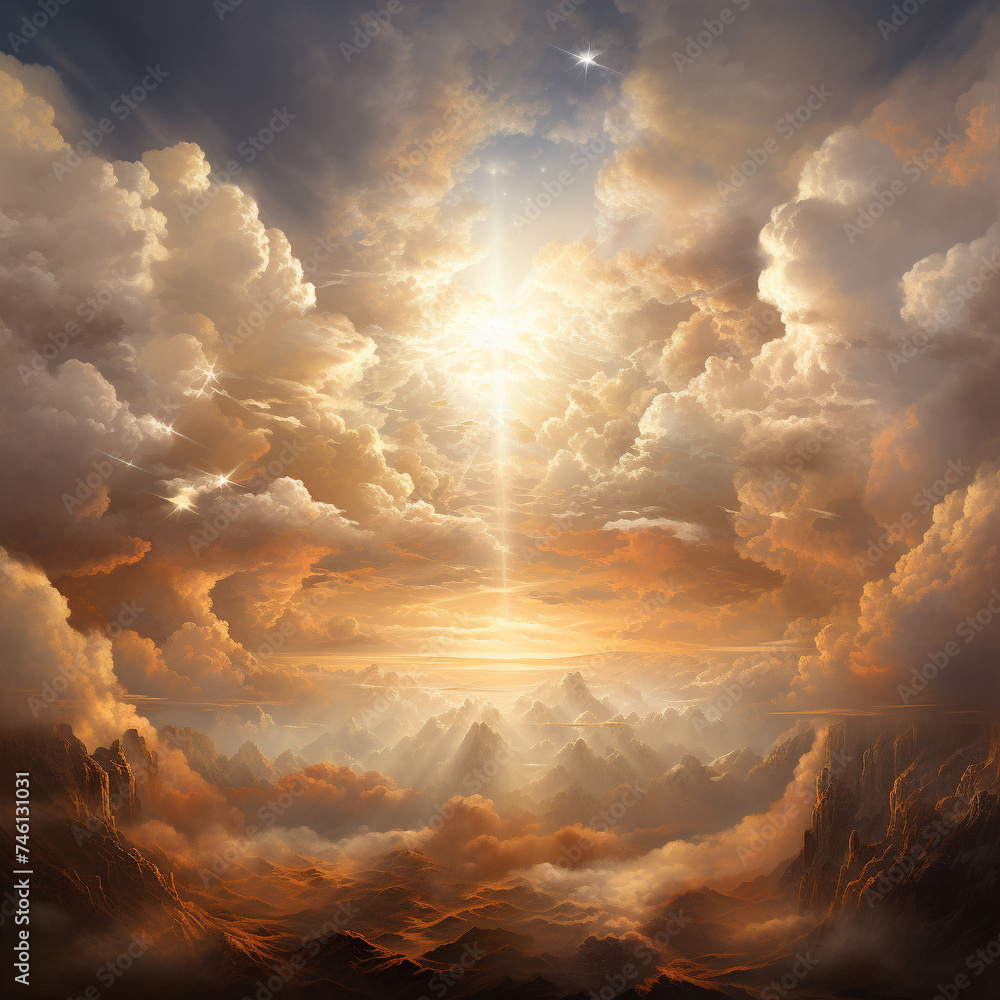 A dreamy vision of Heaven, with ethereal clouds and golden light ...