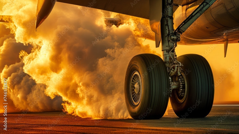 Aircraft Landing Gear and Exhaust Heat on Runway at Sunset. The sun ...
