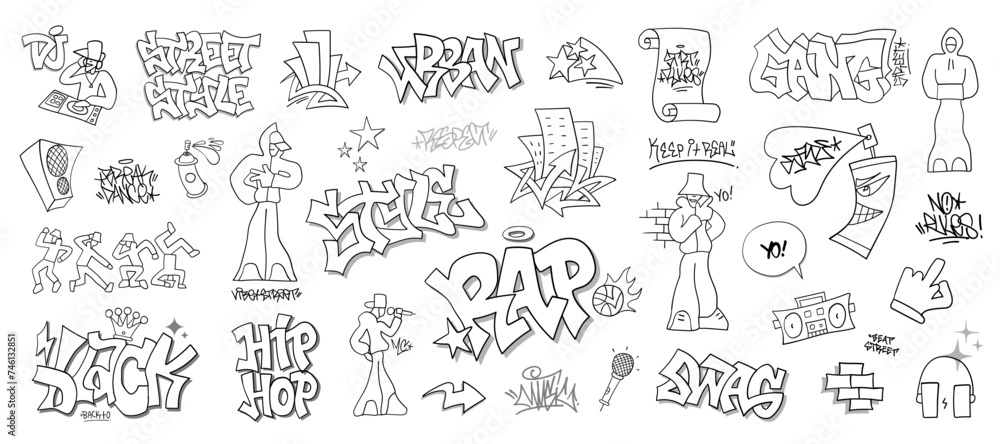 Graffiti street style hip hop music signs and character hand drawn ...