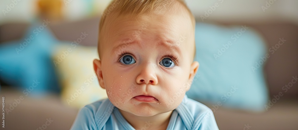 A playful baby boy with a surprised expression on his face, drooling ...