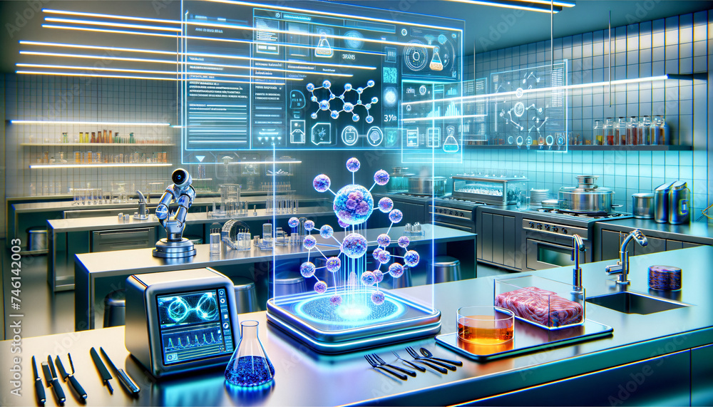 Futuristic Food Science Lab with Holographic Displays and Robotic ...