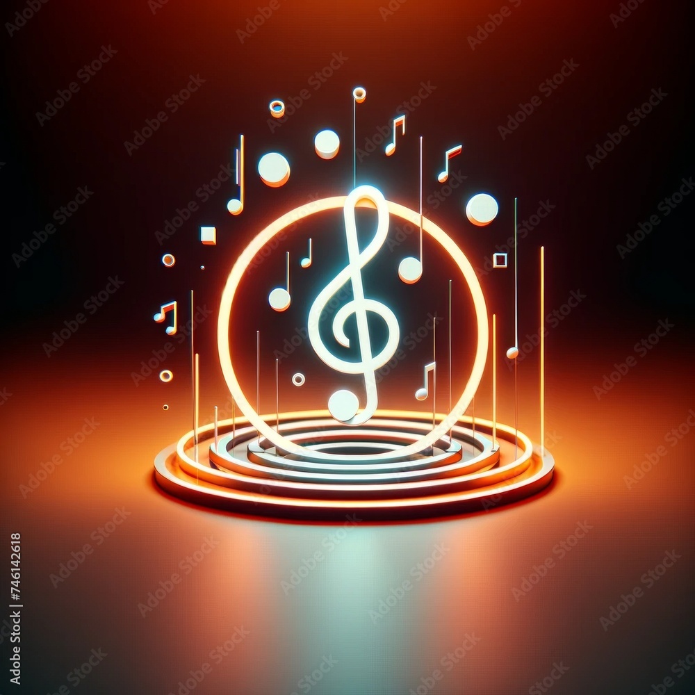 Futuristic neon representation of a treble clef with musical notes ...