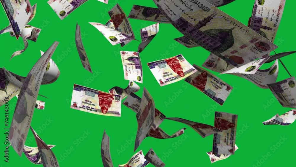 3D animation of Egyptian pound notes Falling On green screen. Money ...