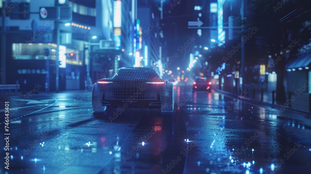 A blue-toned image depicts a smart car in autonomous mode on city roads ...