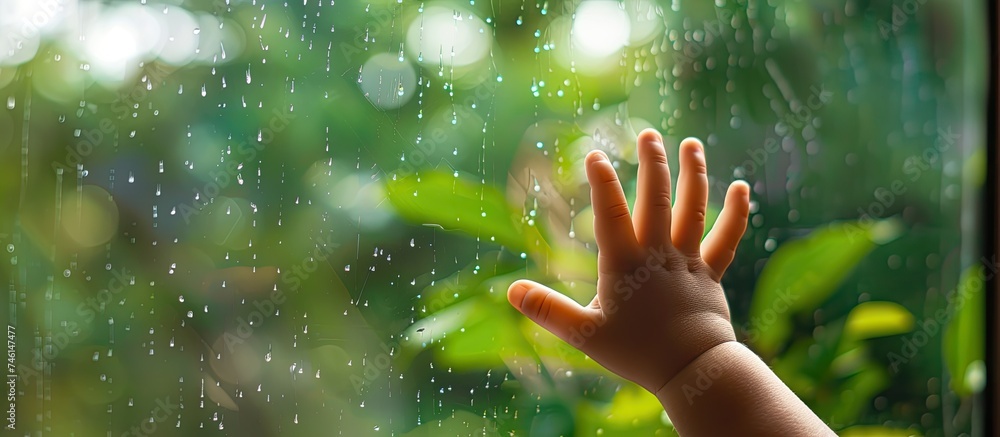 A childs hand is seen reaching out of a window against a green view ...