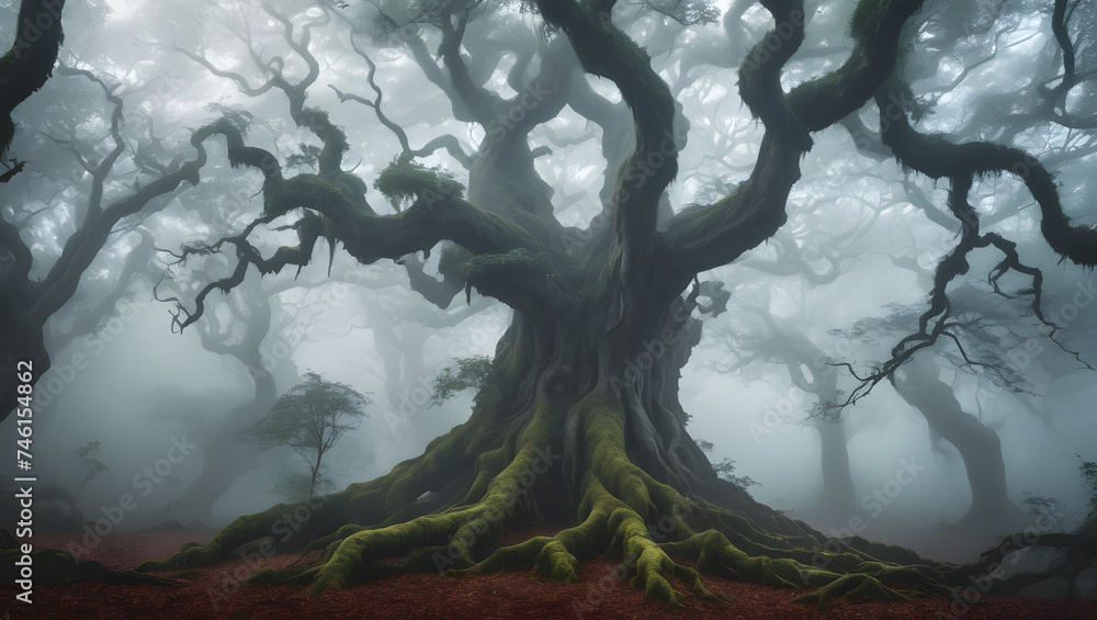 A colossal tree with intricate branches stands enveloped in mist ...