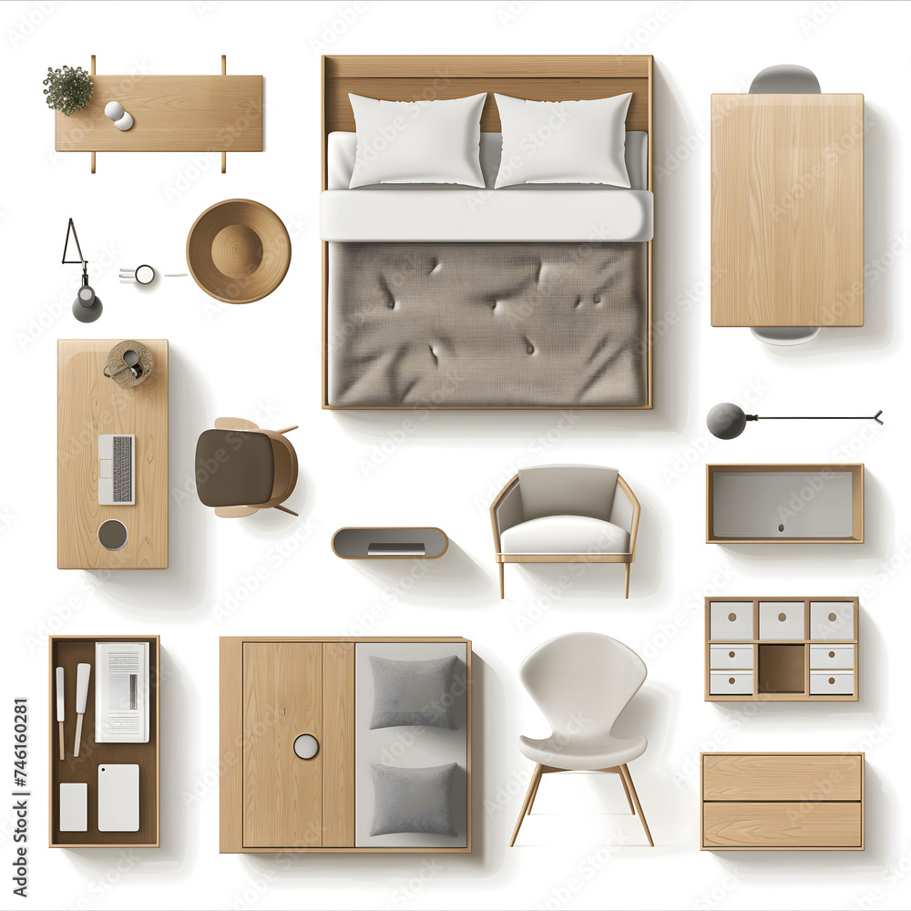 vector minimalistic furniture from a top view for modern room interior ...