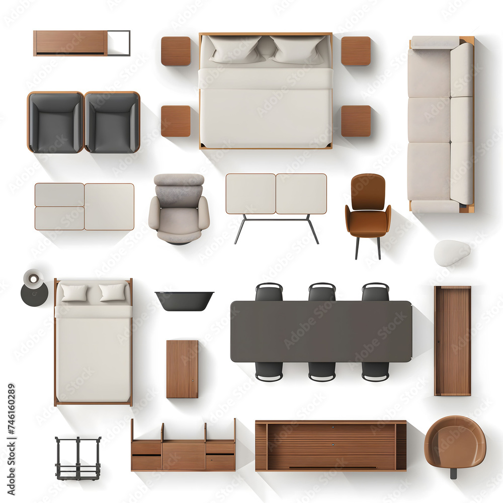 vector minimalistic furniture from a top view for modern room interior ...
