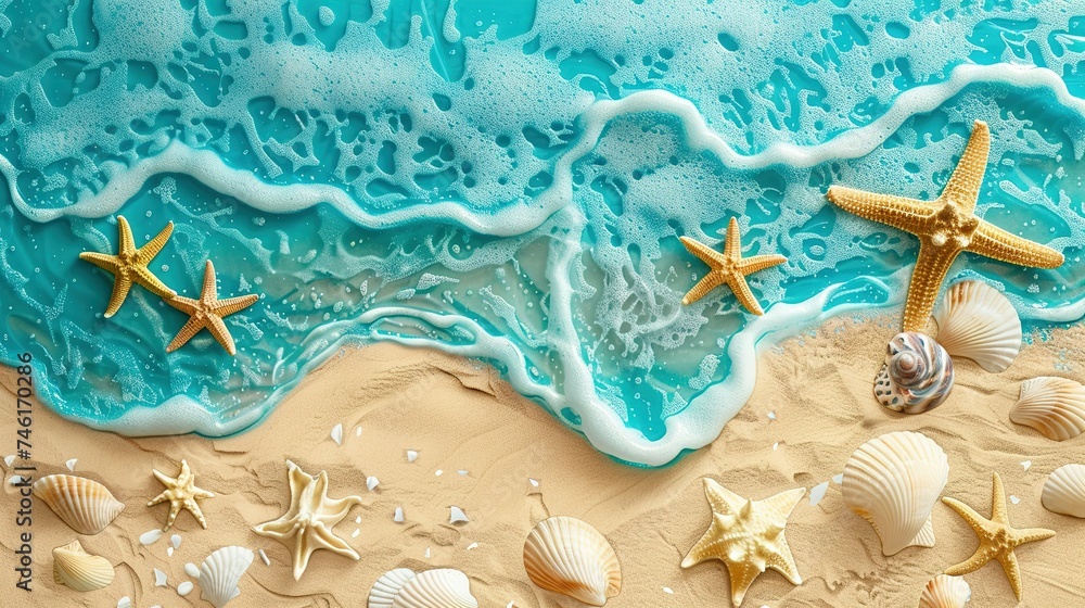 Sea coast with sand, ocean wave, shells and star fish on tropical ...