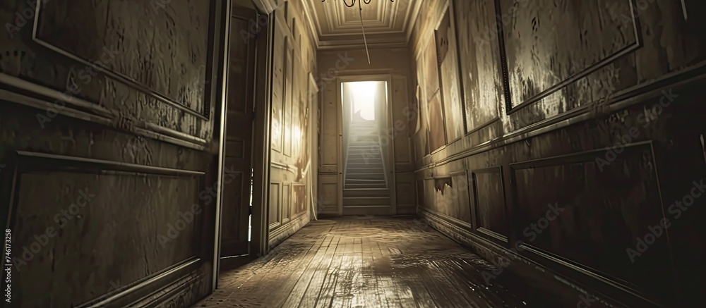 An eerie, dimly-lit hallway in an old haunted residence, featuring a ...