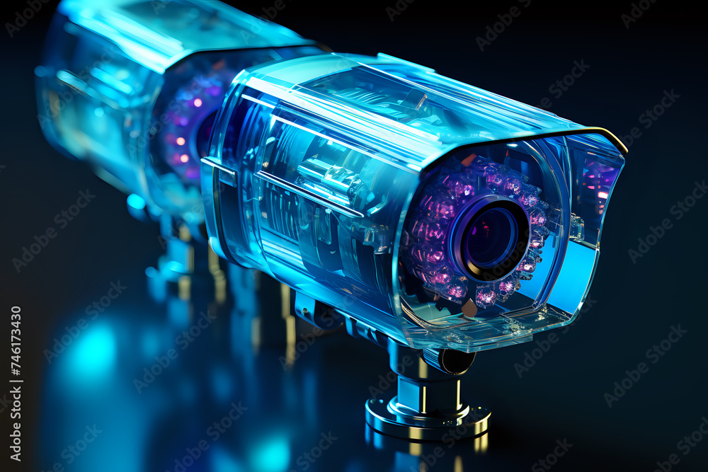 Futuristic Surveillance Camera Concept on Dark Background. A high-tech, futuristic surveillance ...
