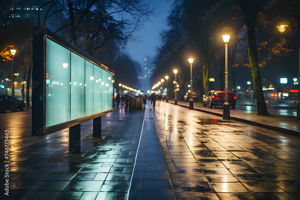 Illuminated City Street at Night with Empty Billboard. A nighttime ...