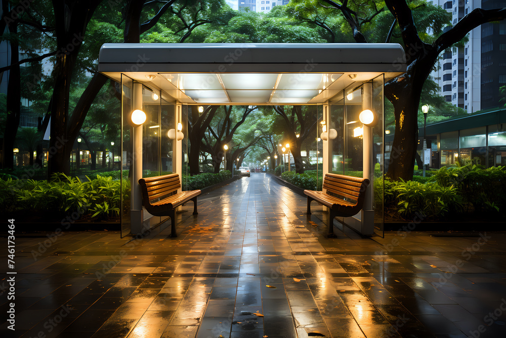 modern bus stop nestled amongst lush trees in an urban environment ...