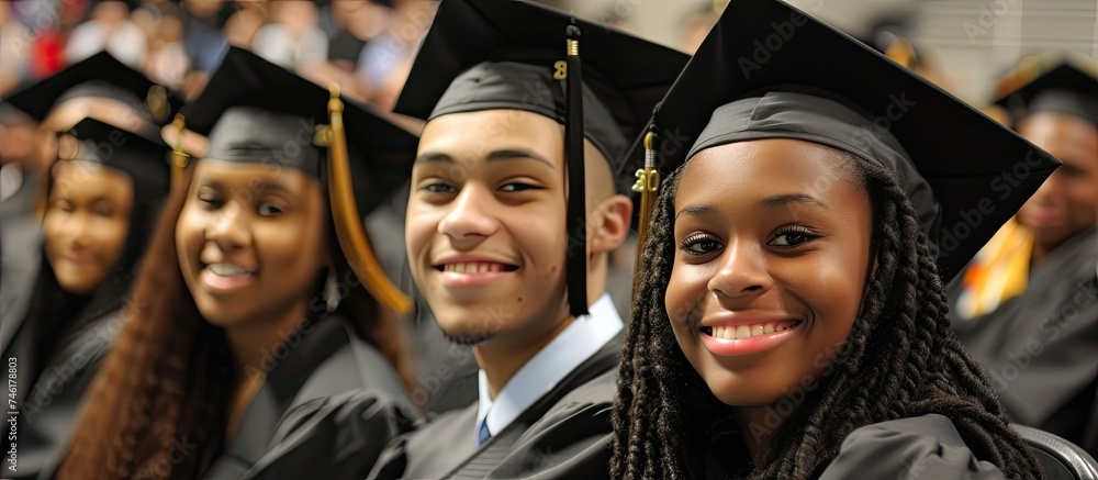 A group of individuals wearing graduation caps and gowns, celebrating ...