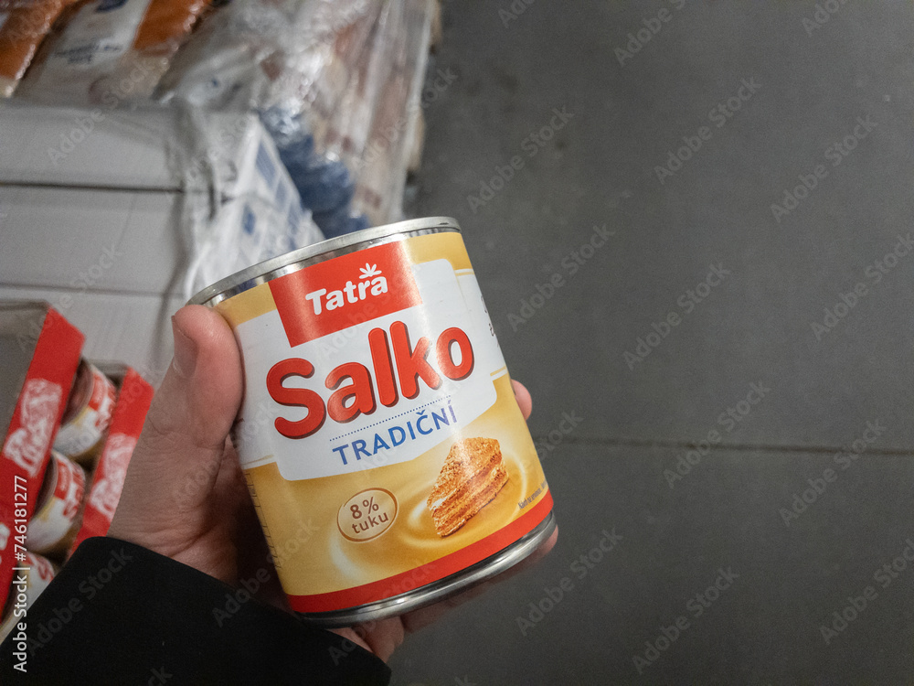 BELGRADE, SERBIA - FEBRUARY 4, 2024: Logo of Tatra on a salko can of ...