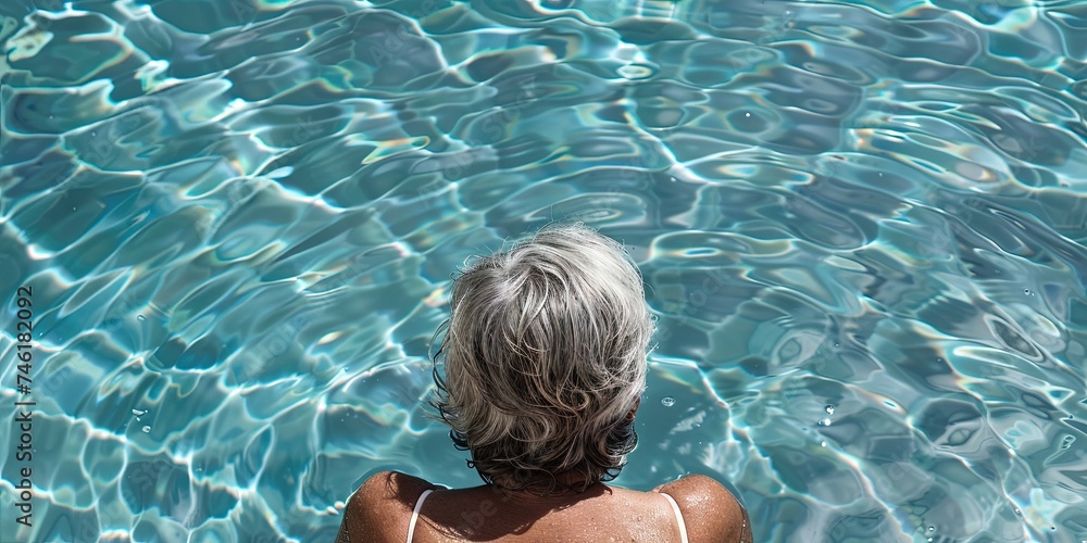 Older woman floating in the swimming pool sunbathing in the afternoon ...