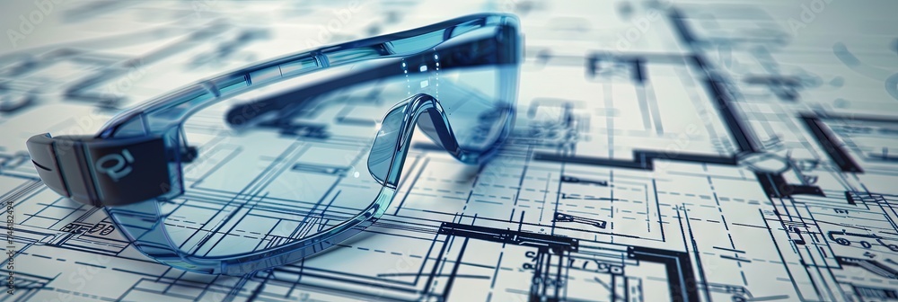 Augmented reality safety goggles on top of engineering schematics Stock ...