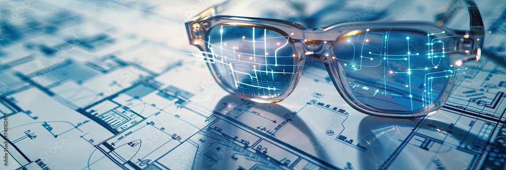 Augmented reality safety goggles on top of engineering schematics Stock ...