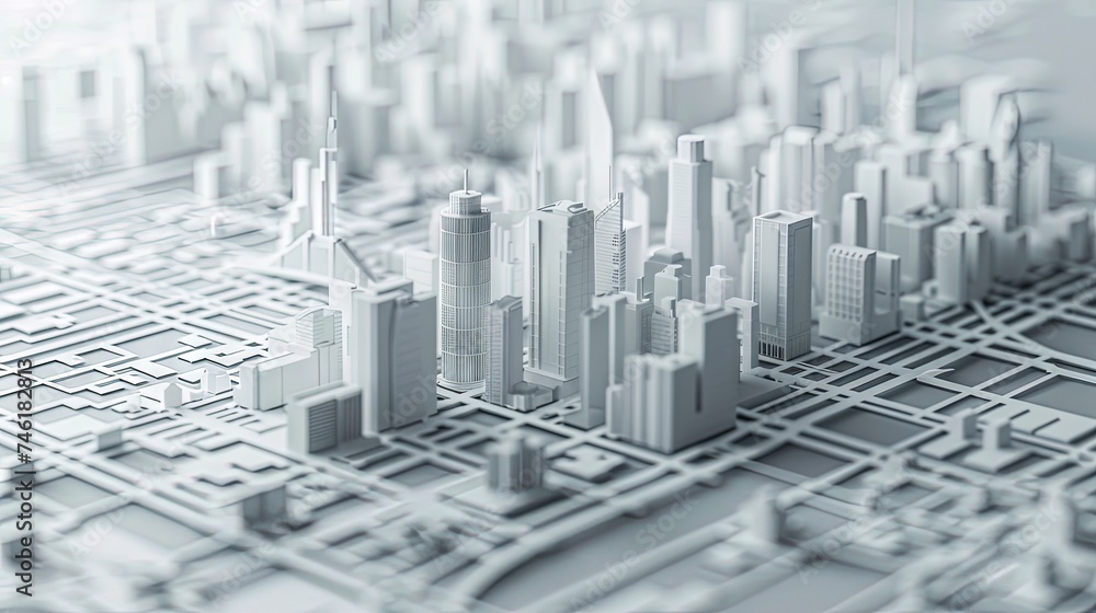 Cityscape 3D model on top of architectural blueprints, Engineering ...