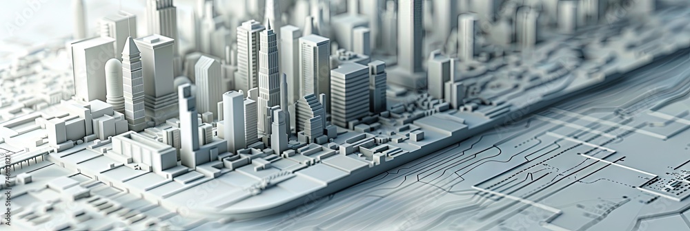 Cityscape 3D model on top of architectural blueprints, Engineering ...
